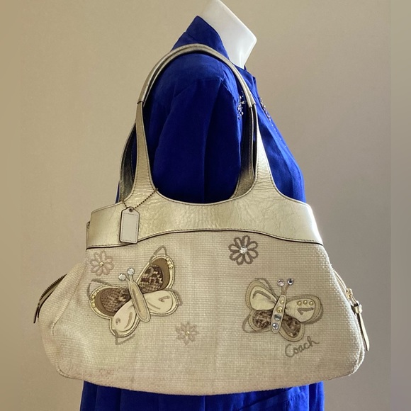 Coach | Bags | Coach Ivory Straw Embossed Embroidery Butterfly Gold ...